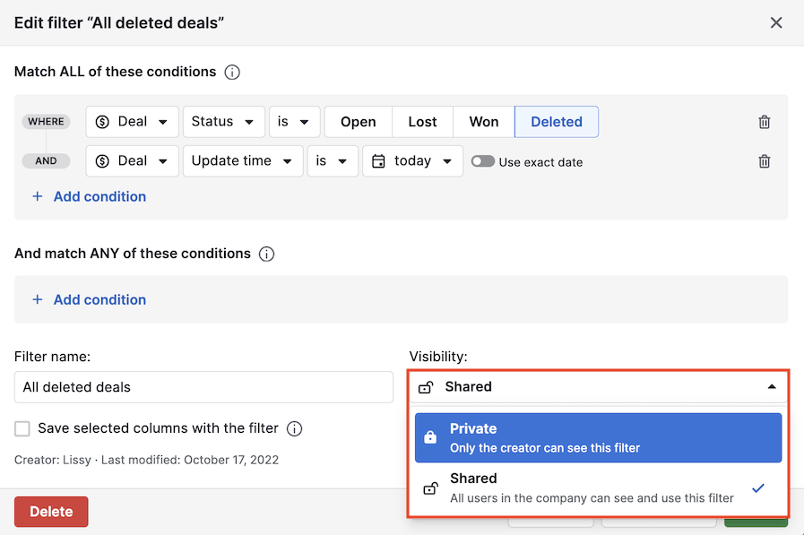Advanced filtering - Knowledge Base | Pipedrive